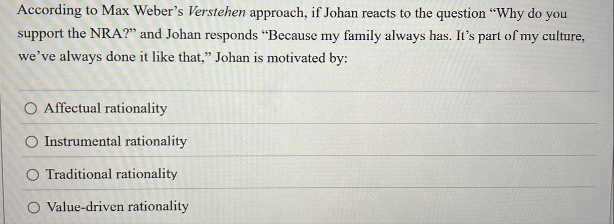 Solved According to Max Weber's Verstehen approach, if Johan | Chegg.com