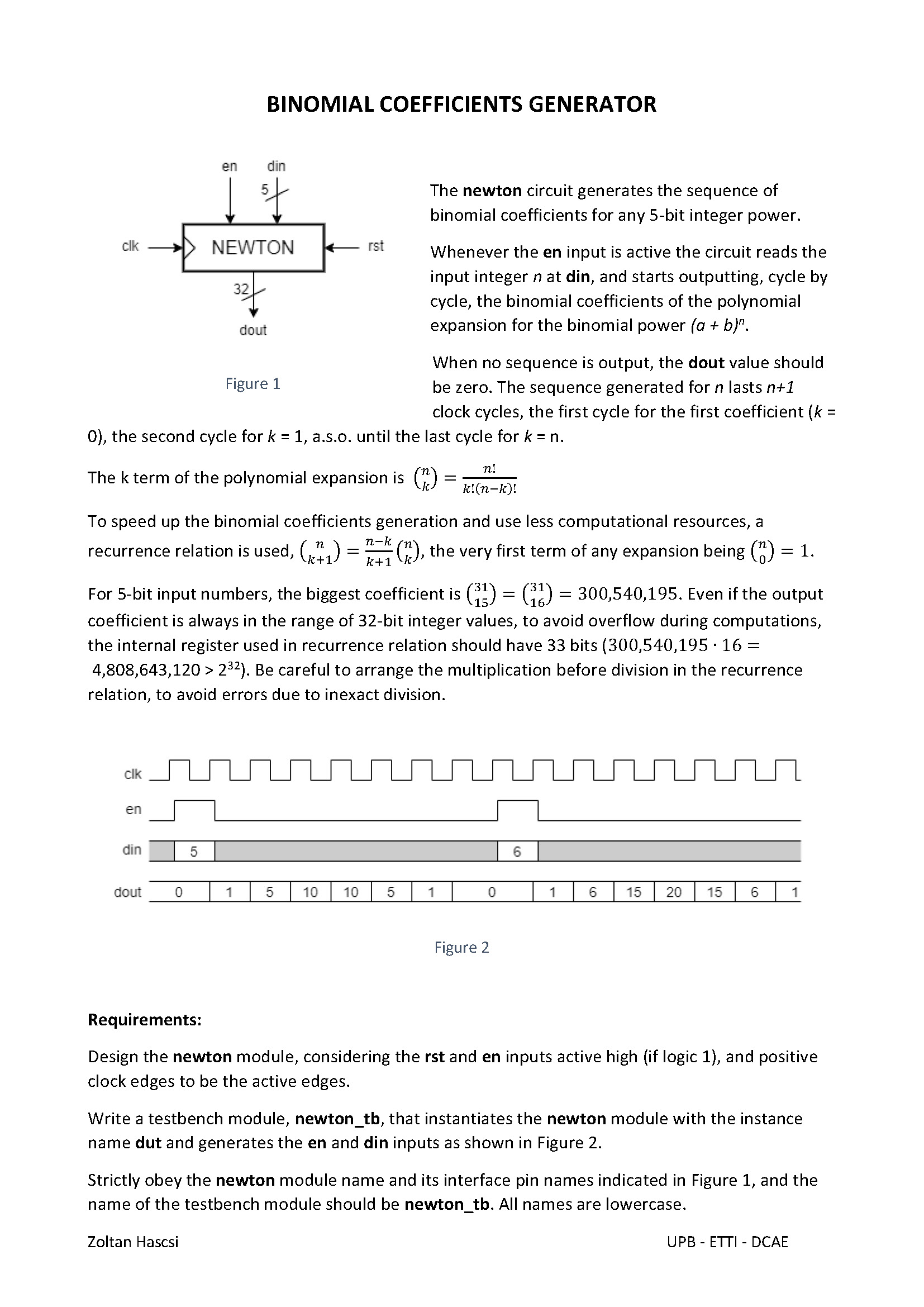 Solved BINOMIAL COEFFICIENTS GENERATORThe newton circuit | Chegg.com