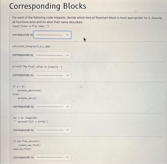 Solved Corresponding Blocks For each of the following code | Chegg.com