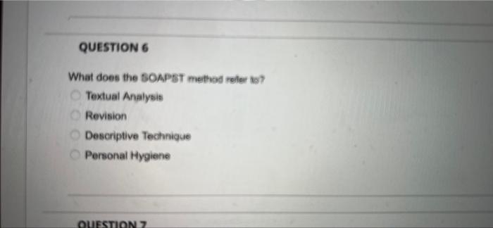 Solved QUESTION 6 What does the SOAPST method refer to? | Chegg.com
