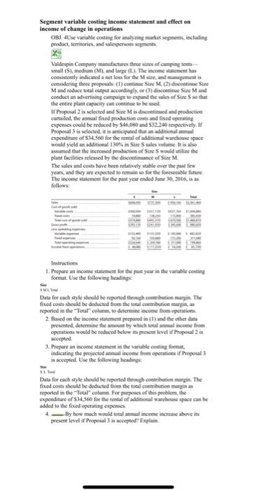 Segment variable costing income statement and effect | Chegg.com