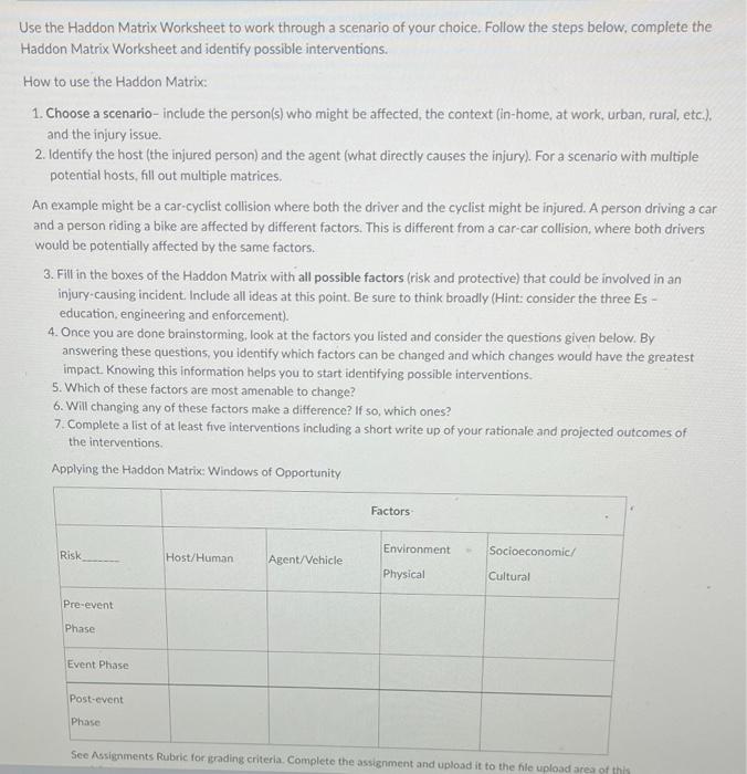 Solved Use the Haddon Matrix Worksheet to work through a | Chegg.com