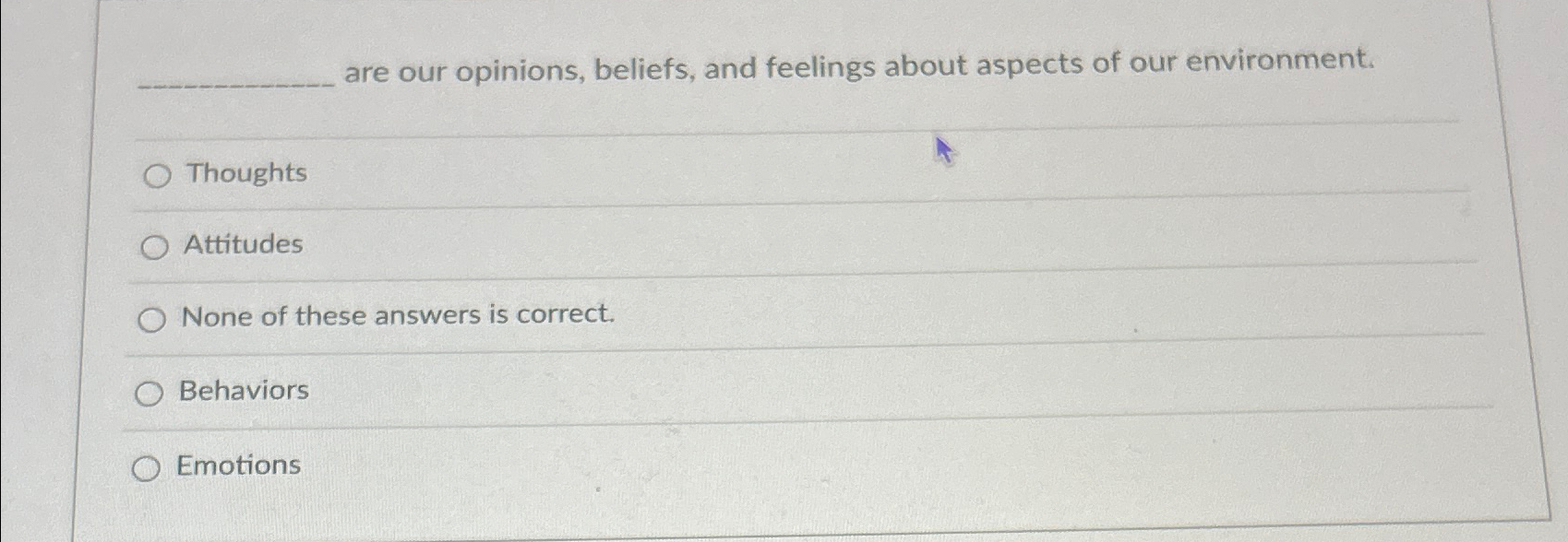 Solved are our opinions, beliefs, and feelings about aspects | Chegg.com