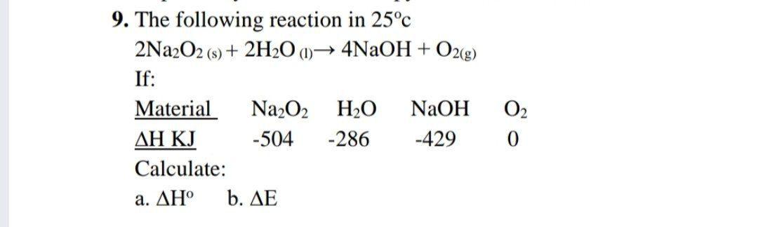 Solved 9. The following reaction in 25°c 2Na2O2 (s) + 2H20 | Chegg.com