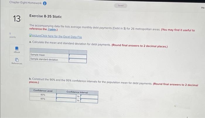 Solved The accompanying data tile lists average monthly debt | Chegg.com