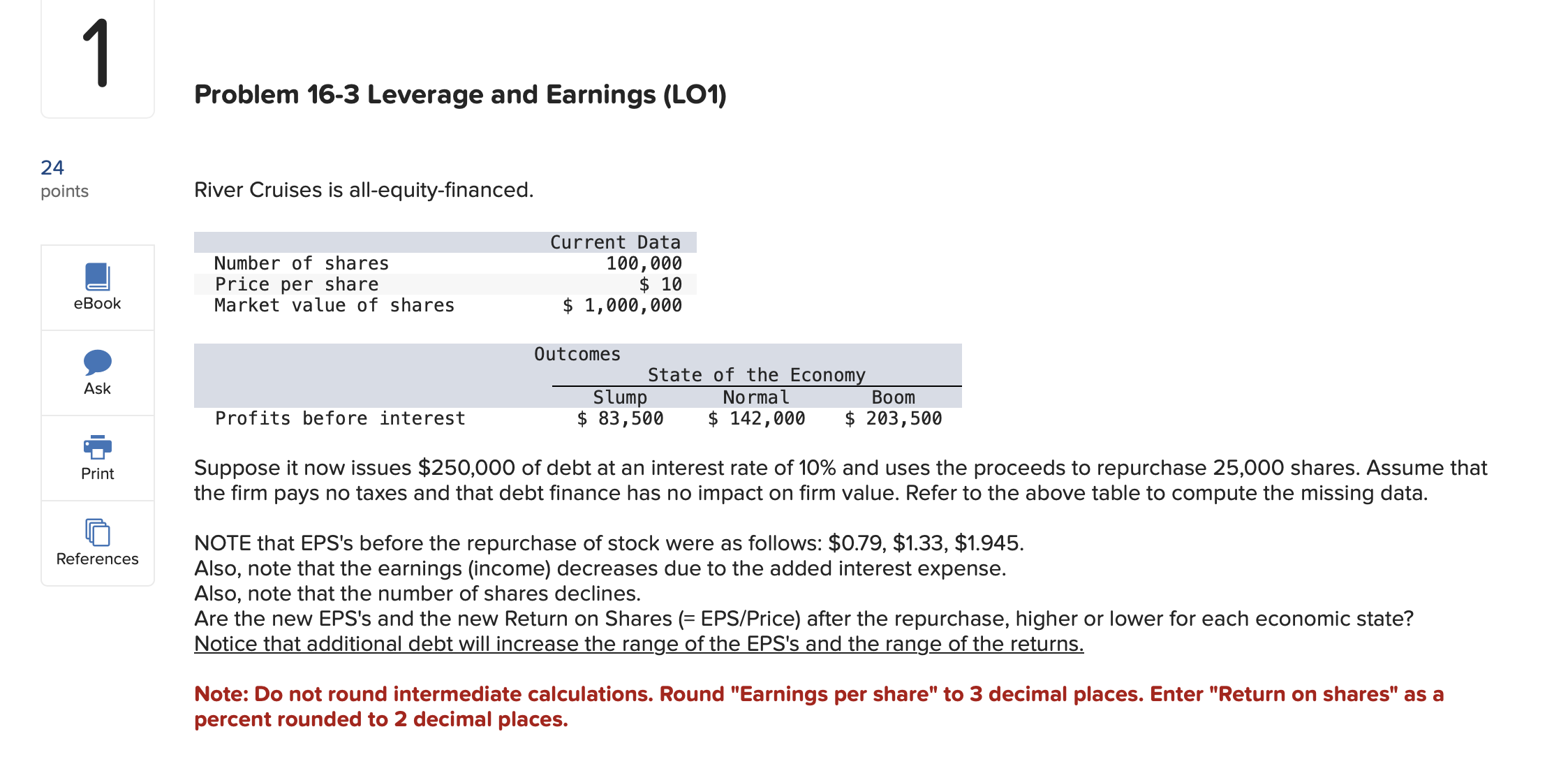 Solved Problem 16-3 ﻿Leverage and Earnings (LO1)River | Chegg.com
