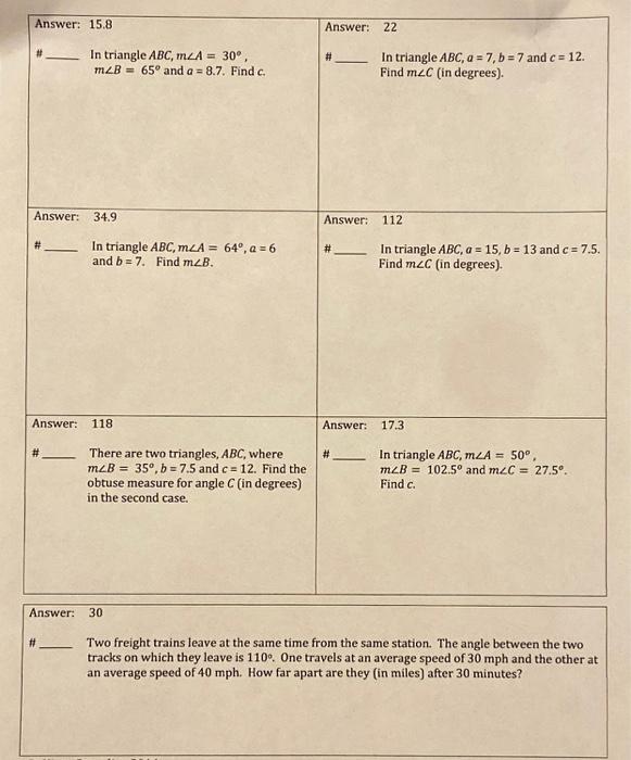 Solved Circuit Training - Law of Sines / Law of Cosines Name | Chegg.com