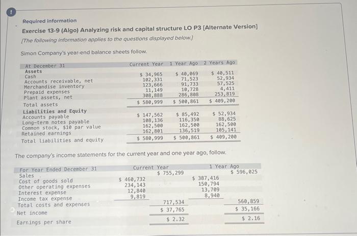 Solved Required information Exercise 13-9 (Algo) Analyzing | Chegg.com