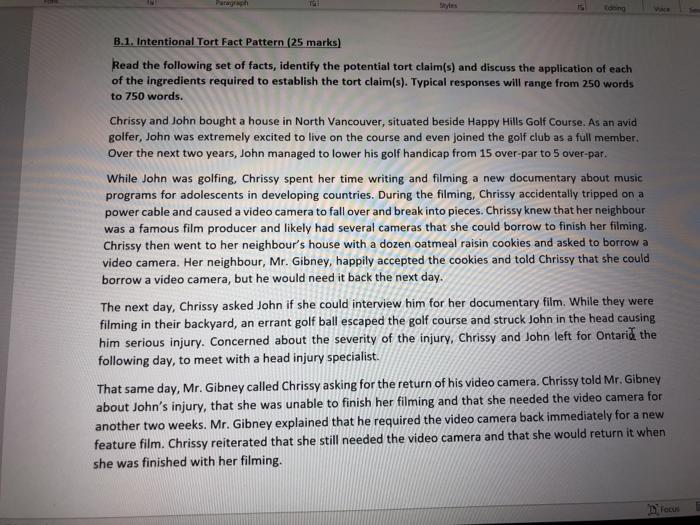 Solved B. 1. Intentional Tort Fact Pattern (25 marks) Read | Chegg.com