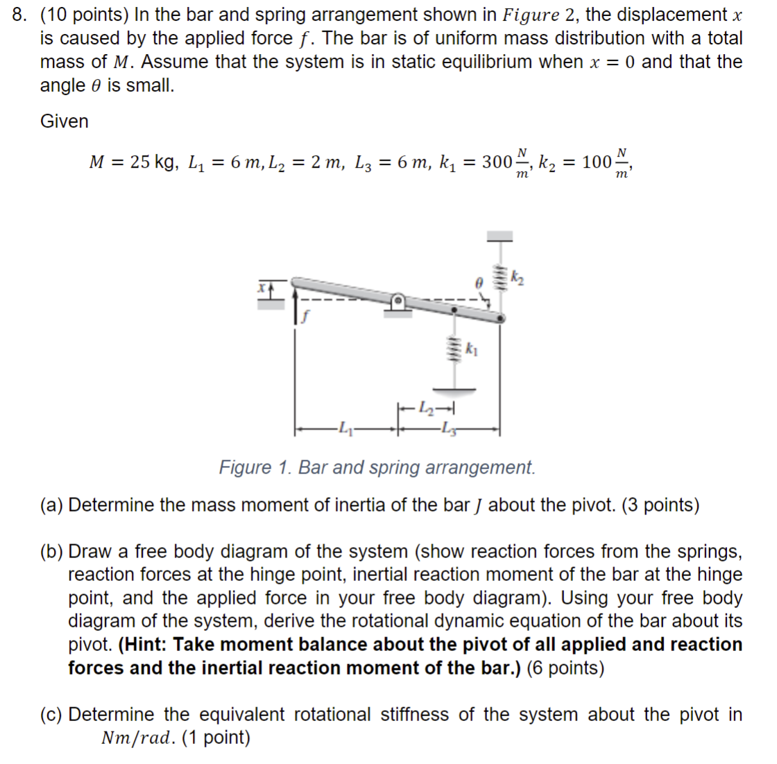 Solved (10 ﻿points) ﻿In the bar and spring arrangement shown | Chegg.com