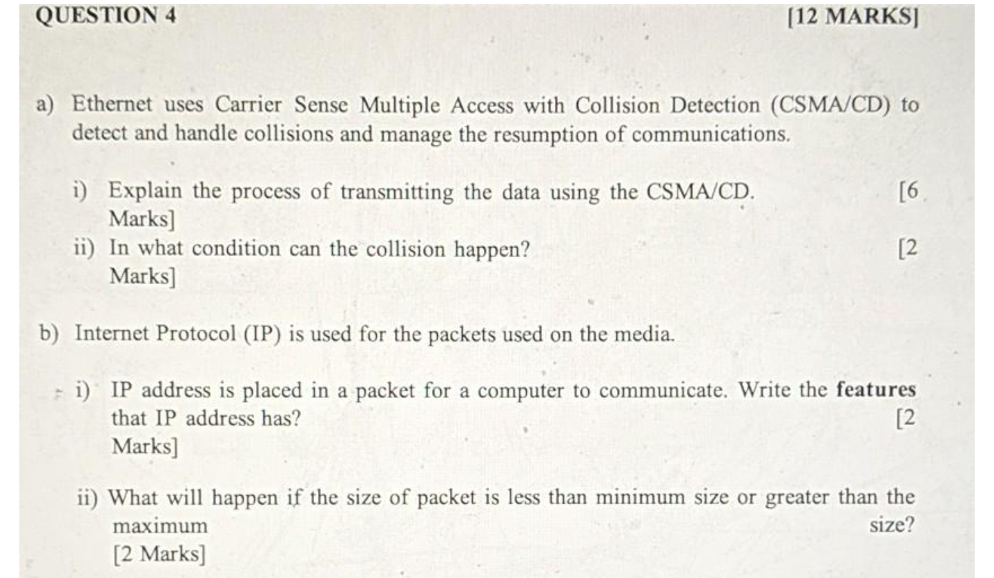 Solved QUESTION 4 [12 MARKS] a) Ethernet uses Carrier Sense | Chegg.com