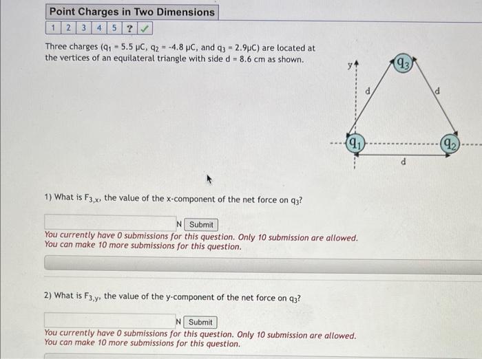 Solved Three charges (q1=5.5μC,q2=−4.8μC, and q3=2.9μC) are | Chegg.com