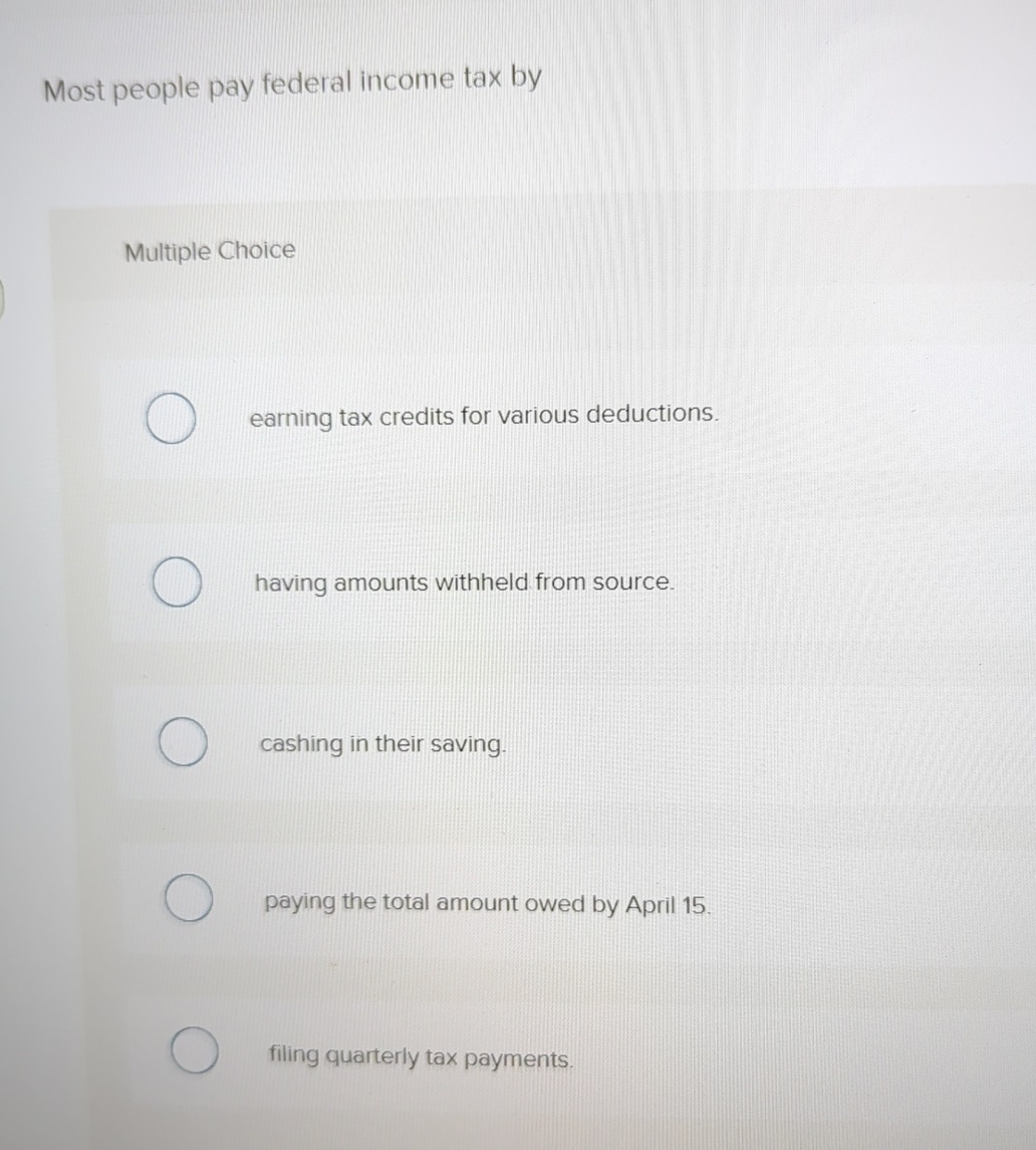 Solved Most people pay federal income tax byMultiple | Chegg.com