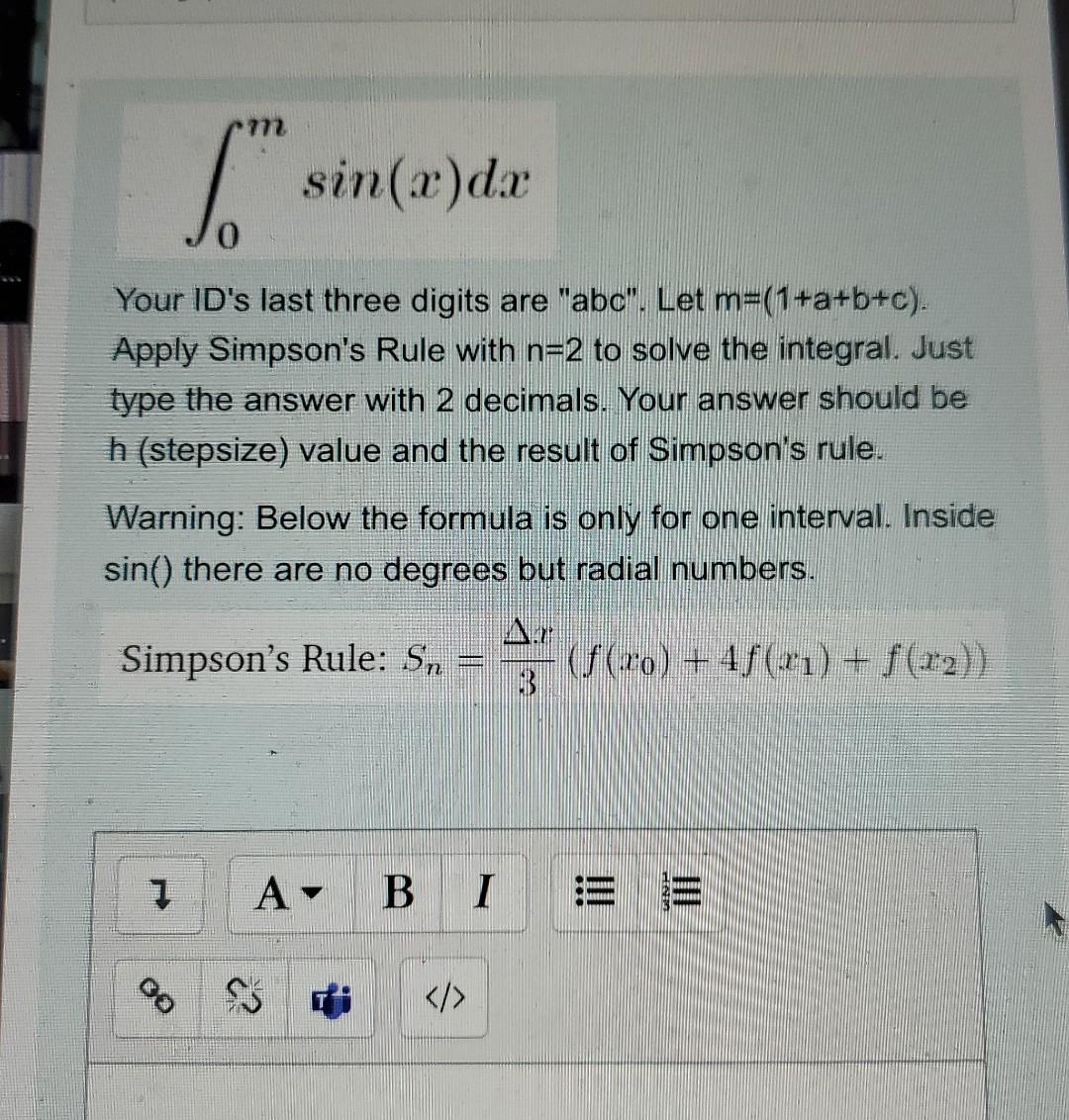 Solved ∫0msin(x)dx Your ID's last three digits are "abc". | Chegg.com
