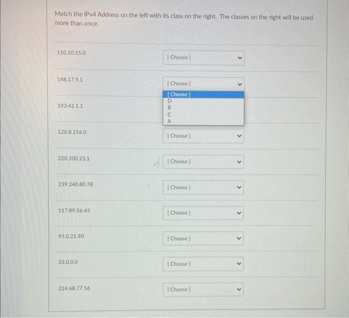 Solved Match the IPv4 Address on the left with its class on | Chegg.com