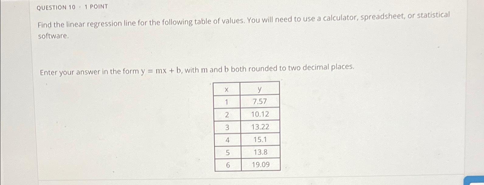 Solved QUESTION 10*1 ﻿POINTFind the linear regression line | Chegg.com