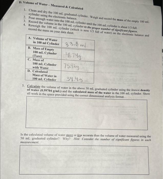 Solved D. Volume of Water-Measured \& Calculated 1. Clean | Chegg.com