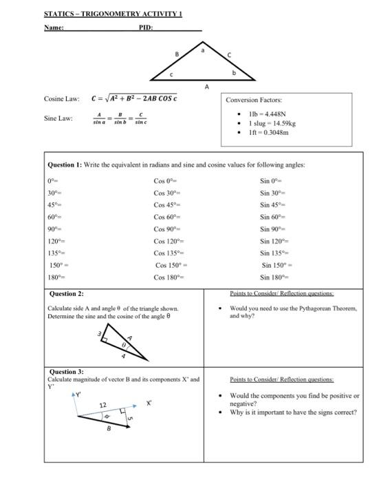Solved STATICS - TRIGONOMETRY ACTIVITY 1 Name: PID: | Chegg.com
