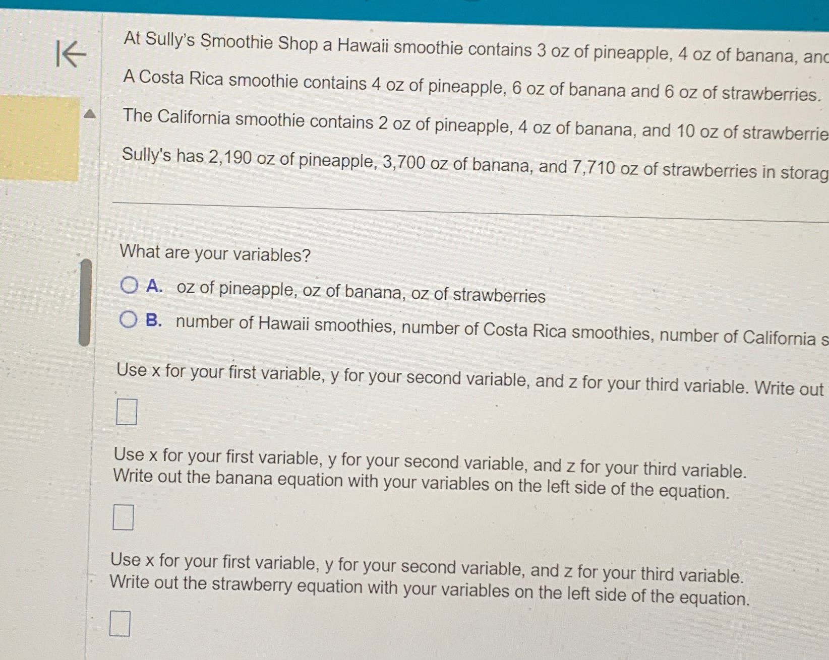 Solved At Sully's Șmoothie Shop a Hawaii smoothie contains 3 | Chegg.com