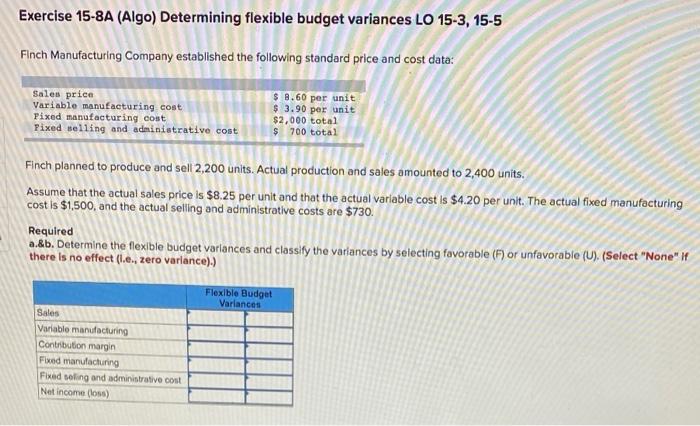 Solved Exercise 15-8A (Algo) Determining flexible budget | Chegg.com