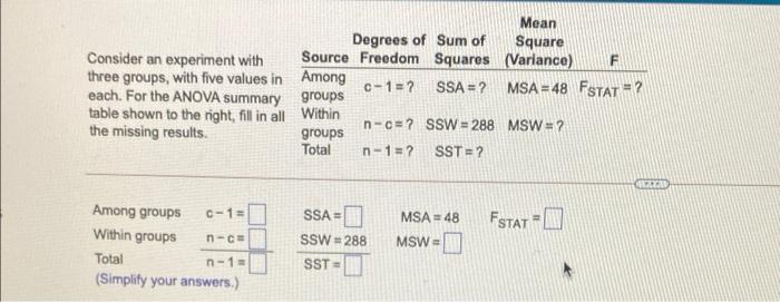 Solved Mean Degrees of Sum of Square Consider an experiment | Chegg.com
