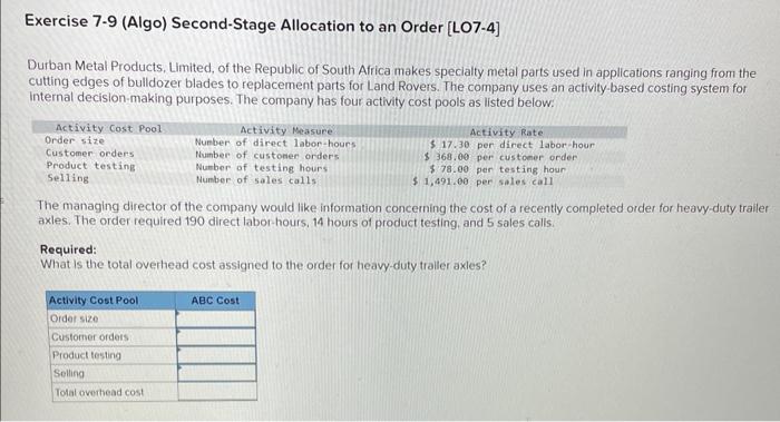 Solved Exercise 7-9 (Algo) Second-Stage Allocation to an | Chegg.com Solved Exercise 7-9 (Algo) Second-Stage Allocation to an | Chegg.com