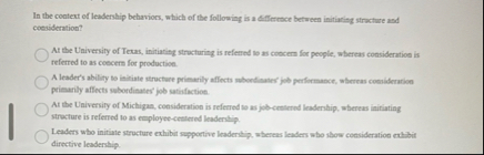 Solved In the coatext of leadership behaviors, which of the | Chegg.com