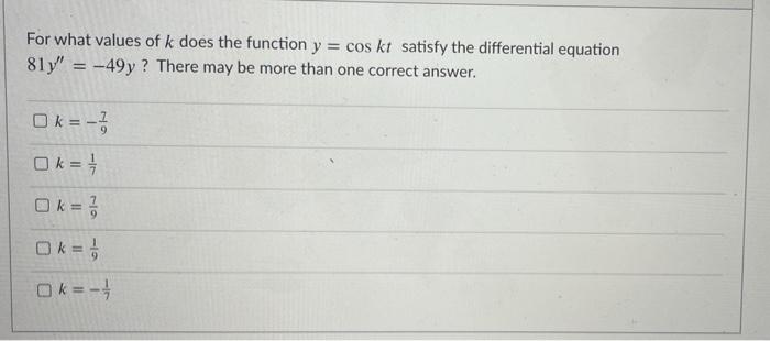 Solved For what values of k does the function y = cos kt | Chegg.com