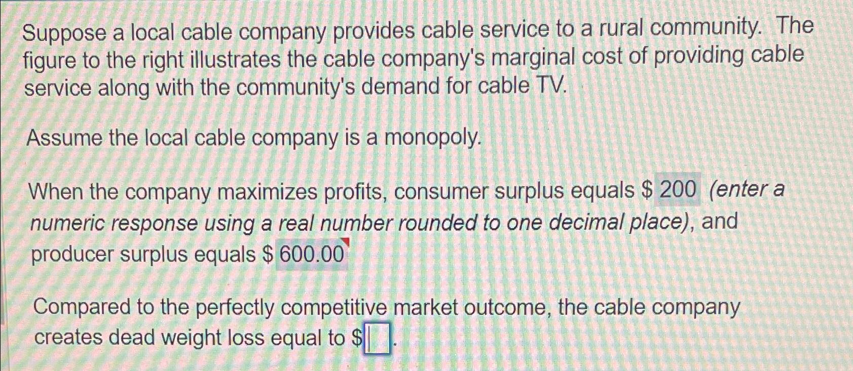 Solved Suppose a local cable company provides cable service | Chegg.com
