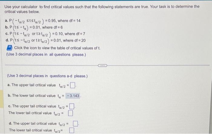 Solved Use Your Calculator To Find Critical Values Such That