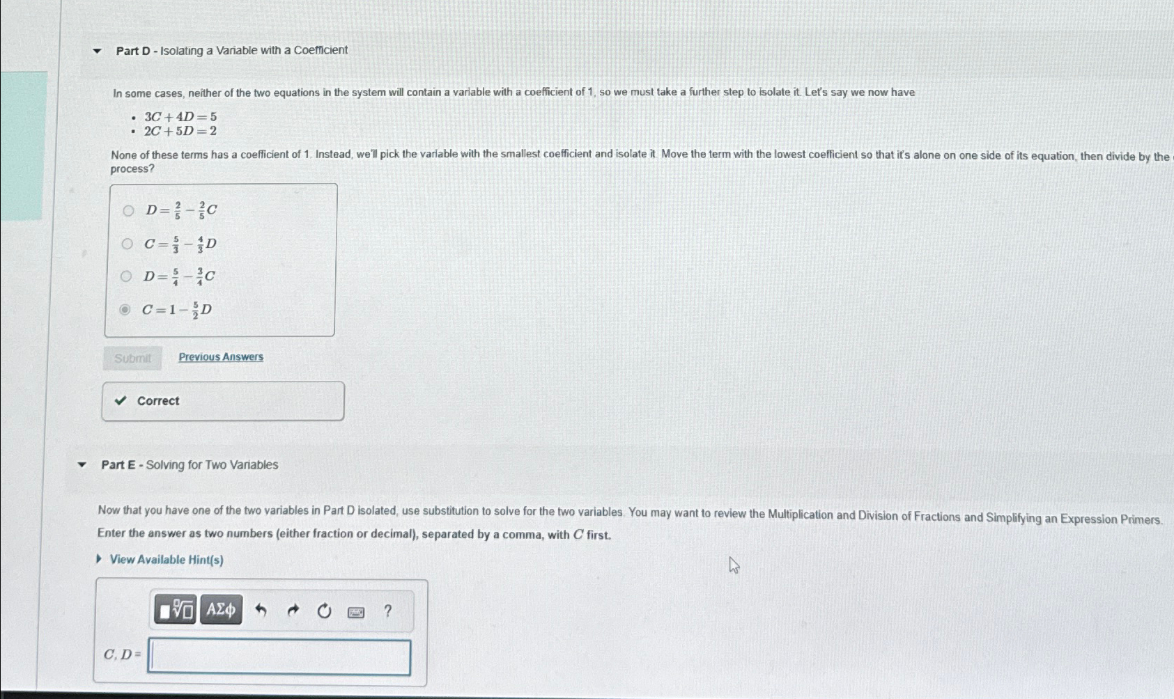 Solved Part D - ﻿Isolating a Variable with a CoefficientIn | Chegg.com