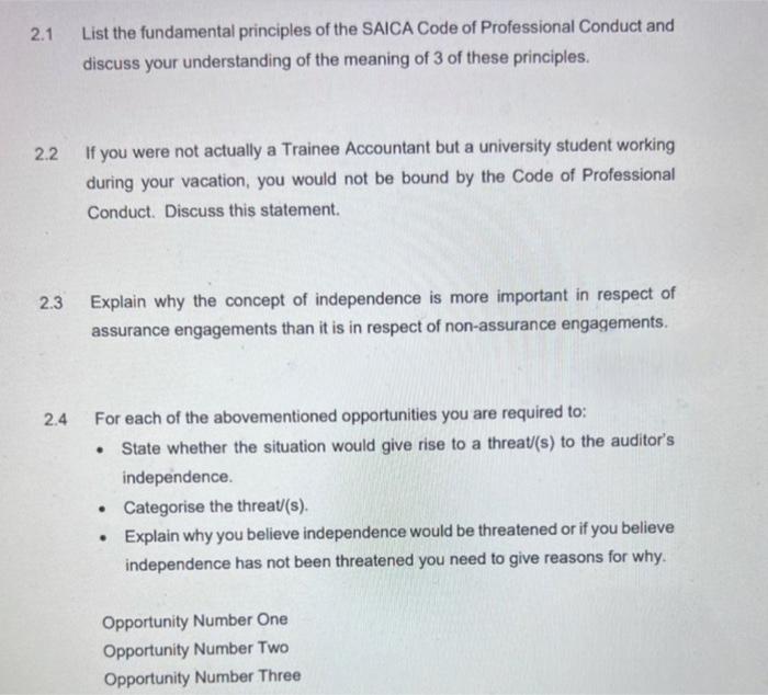 Solved 2.1 List the fundamental principles of the SAICA Code | Chegg.com