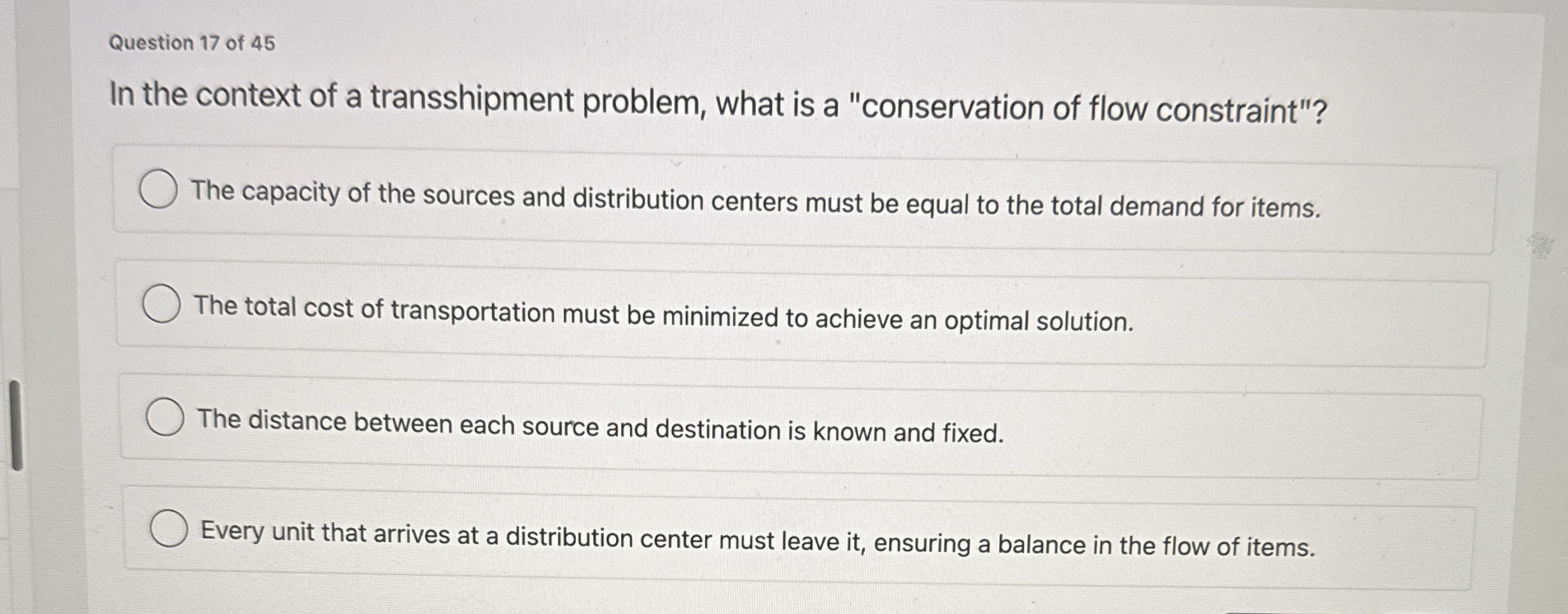 Solved Question 17 ﻿of 45In the context of a transshipment | Chegg.com