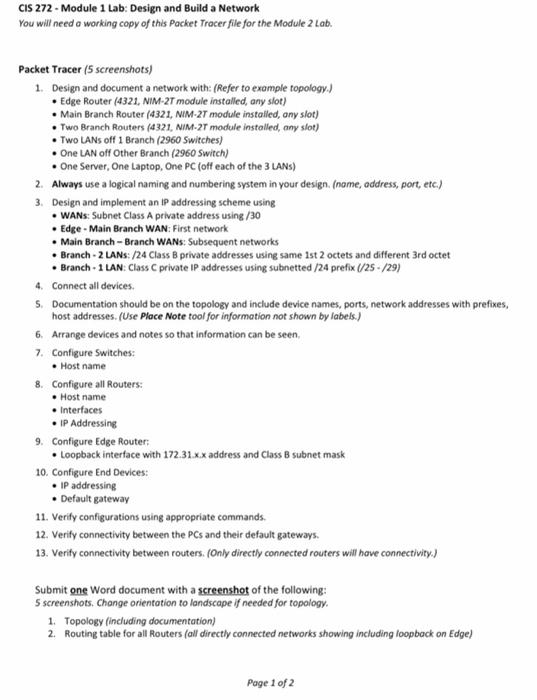 Solved CIS 272 - Module 1 Lab: Design and Build a Network | Chegg.com