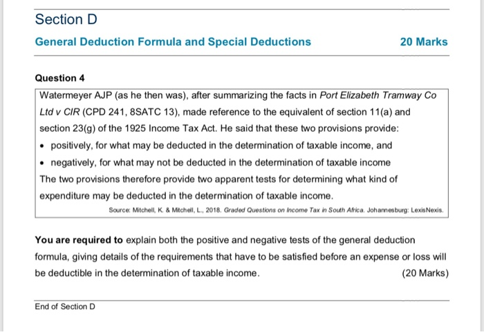 Solved Section D General Deduction Formula and Special | Chegg.com