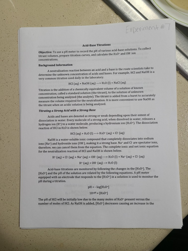 Solved Experiment #7 Acid-Base Titrations Objective: To use | Chegg.com | Chegg.com