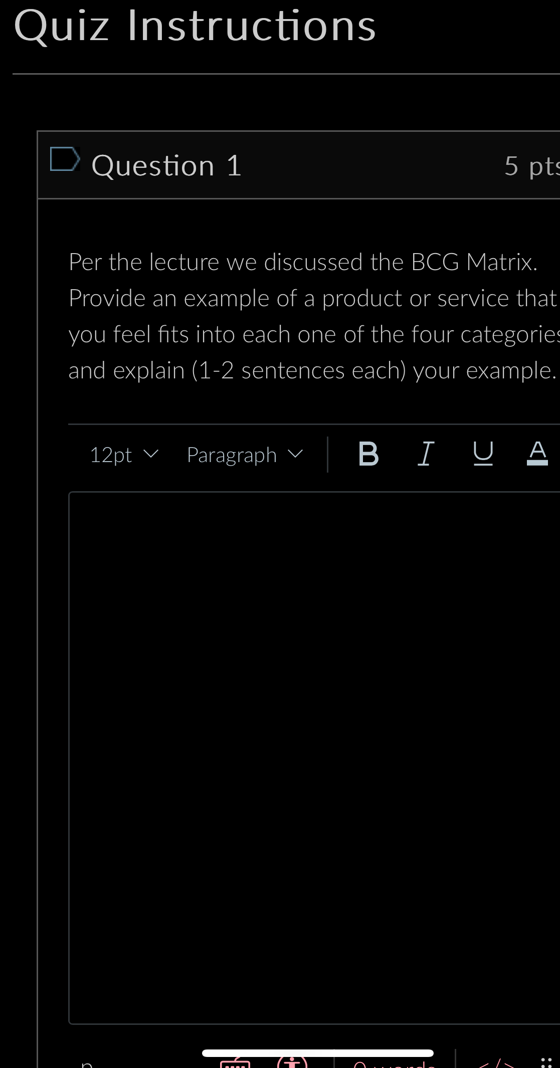 Solved Quiz InstructionsQuestion 15ptPer the lecture we | Chegg.com