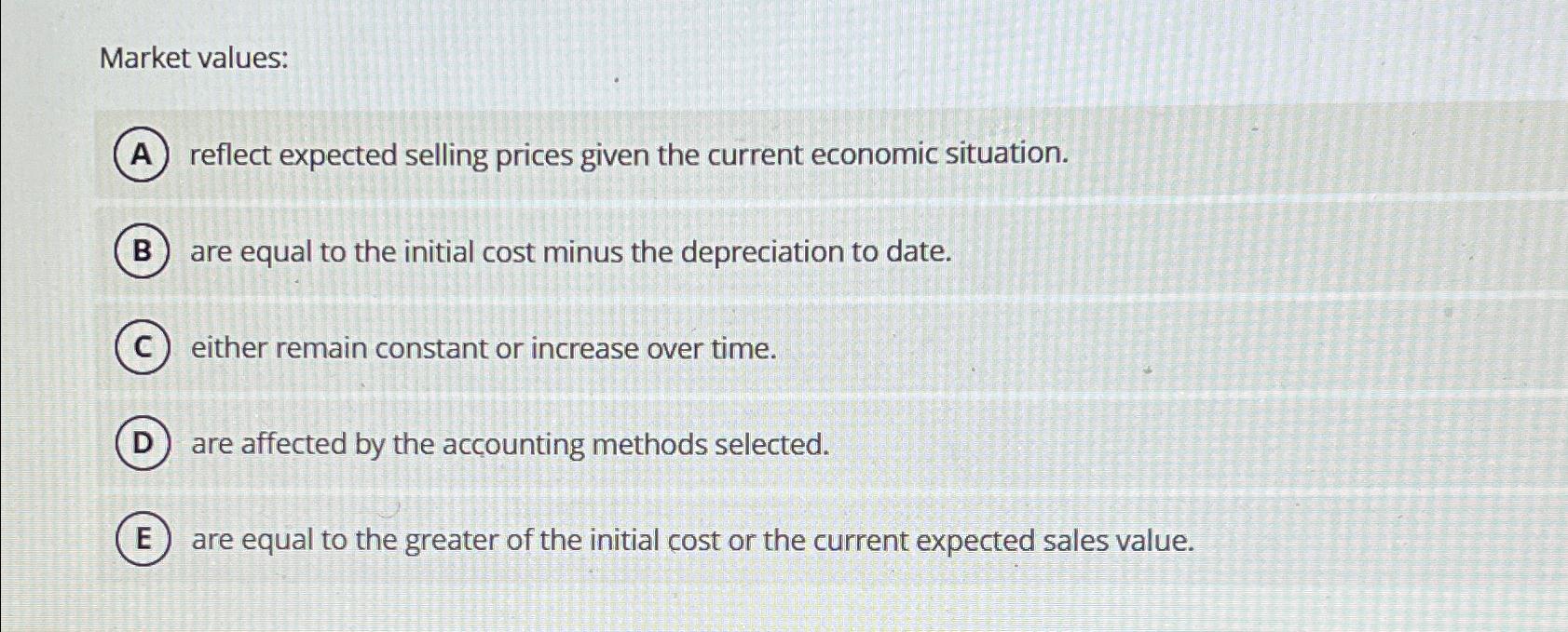 Solved Market values:reflect expected selling prices given | Chegg.com