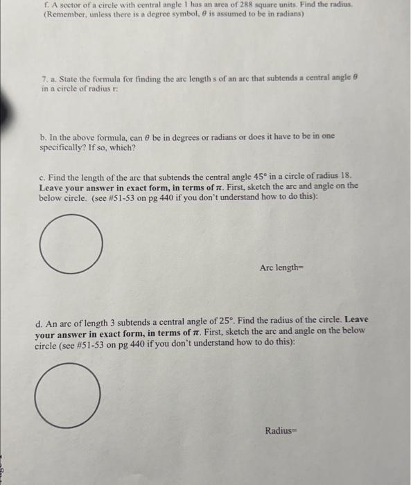 Solved f. A sector of a circle with central angle 1 has an | Chegg.com