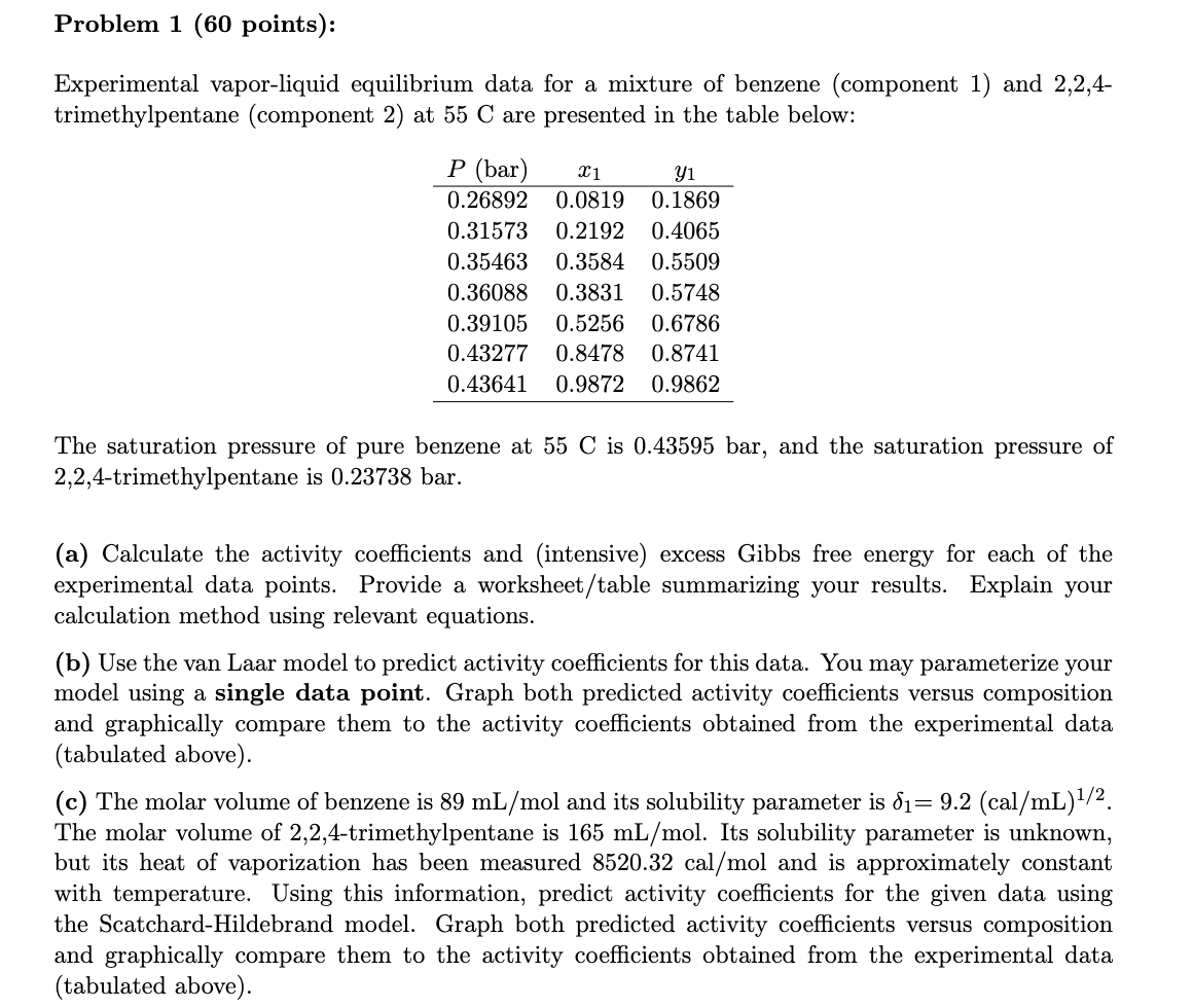 Solved Problem 1 ( 60 ﻿points): Experimental vapor-liquid | Chegg.com