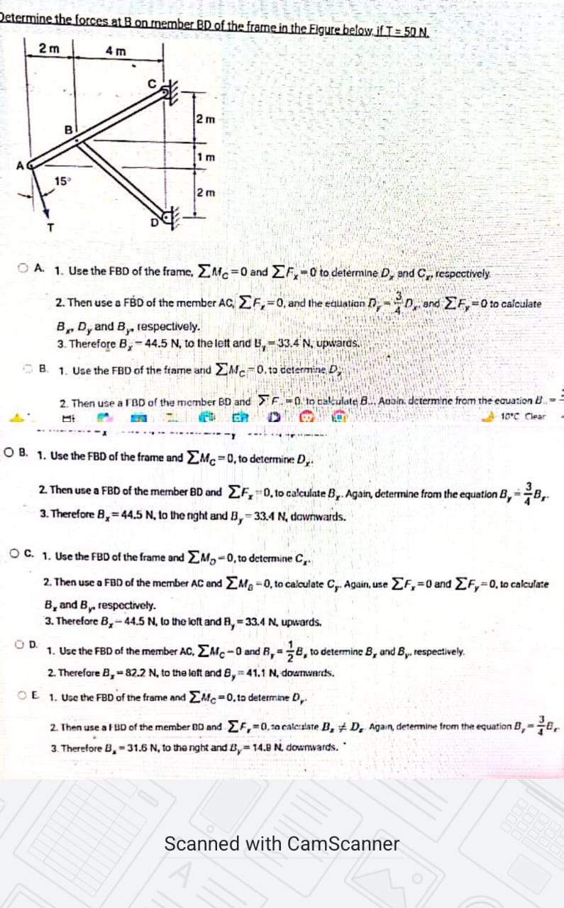 Solved Zetermine the forces at B on thember BD of the frame | Chegg.com