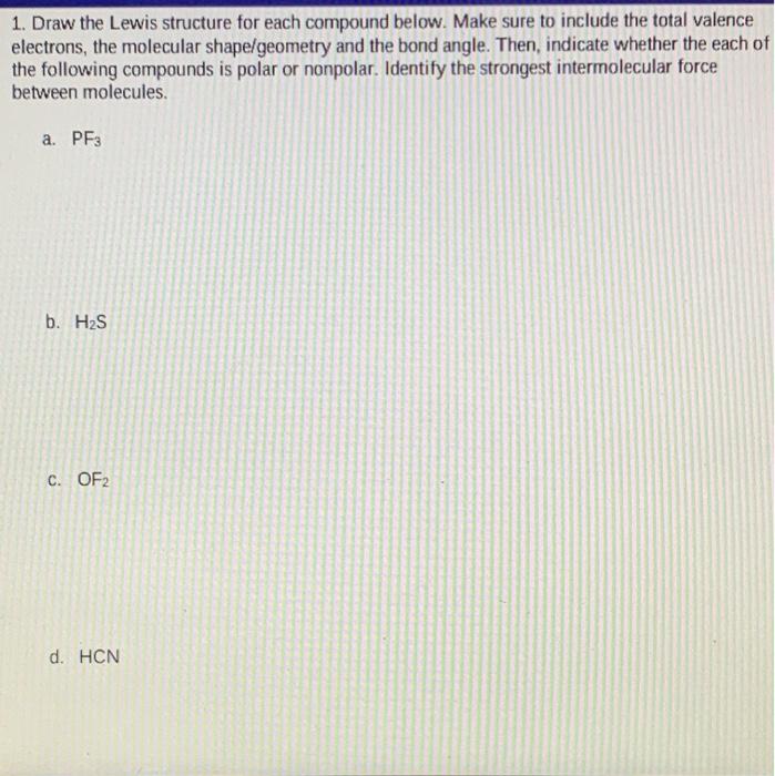 Solved 1. Draw the Lewis structure for each compound below. | Chegg.com