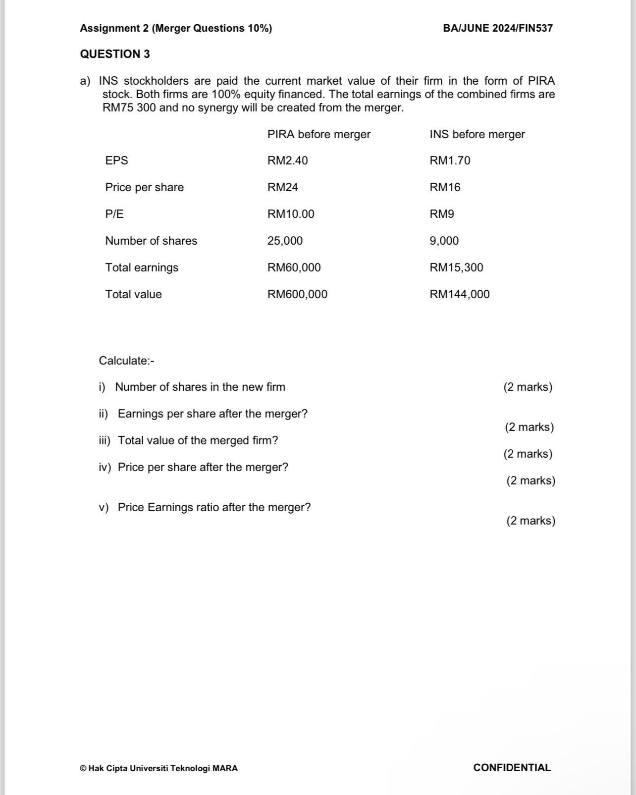 Solved Assignment 2 (Merger Questions 10%)BA/JUNE | Chegg.com