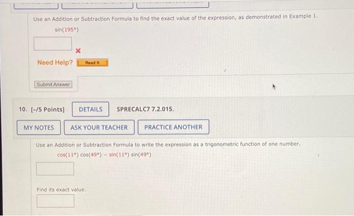 Solved use addition or subtraction formula to find the exact | Chegg.com