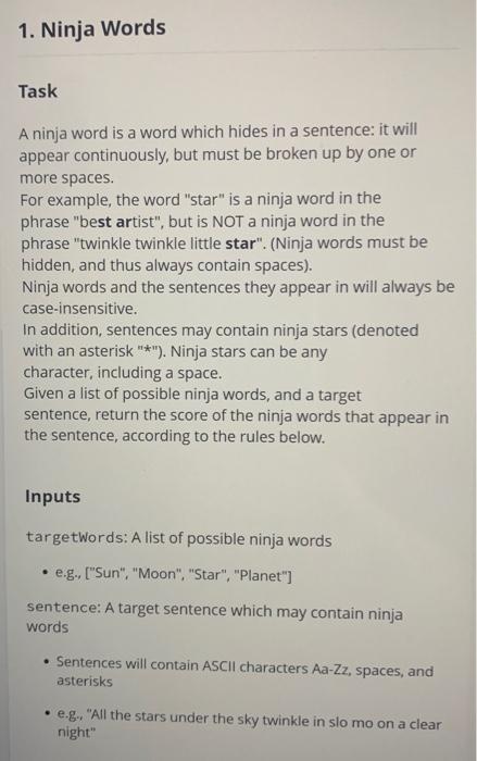 Solved Task A ninja word is a word which hides in a | Chegg.com