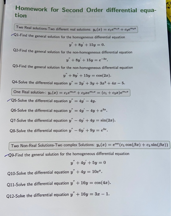 Solved Homework for Second Order differential equa- tion Two | Chegg.com