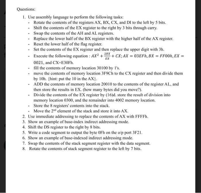 Solved 1. Use assembly language to perform the following | Chegg.com
