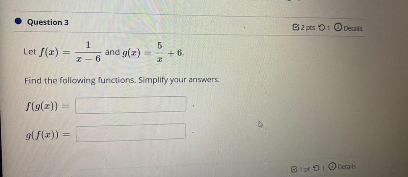 Solved Question 3U 2 ﻿pts1DetailsLet f(x)=1x-6 ﻿and | Chegg.com