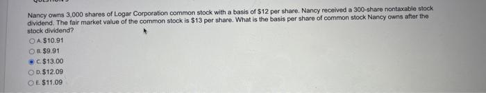 Solved Nancy owns 3,000 shares of Logar Corporation common | Chegg.com