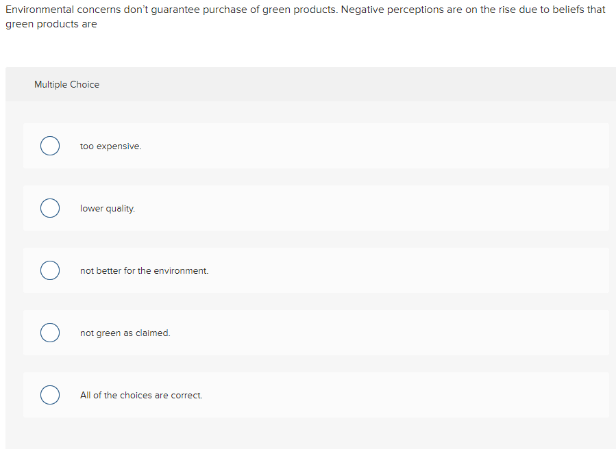 Solved Environmental concerns don't guarantee purchase of | Chegg.com